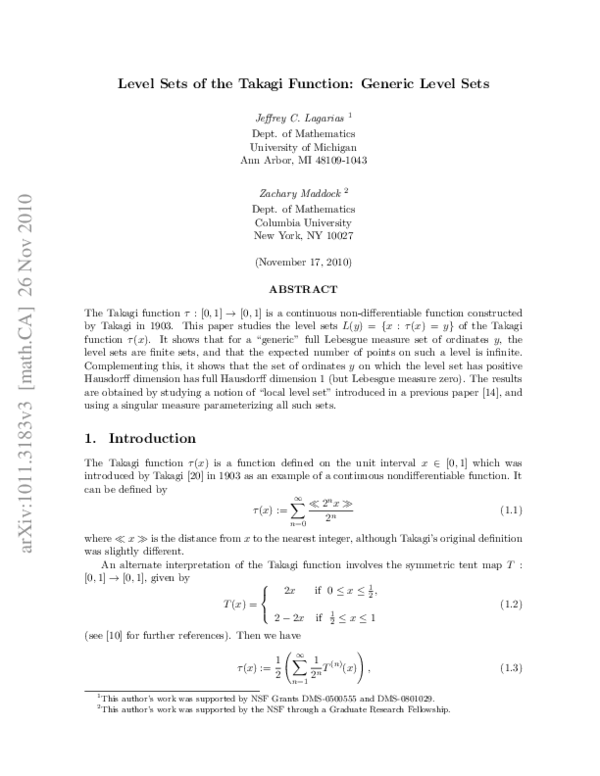 Pdf Level Sets Of The Takagi Function Generic Level Sets