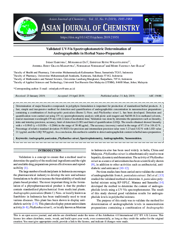 Pdf Validated Uv Vis Spectrophotometric Determination Of Andrographolide In Herbal Nano