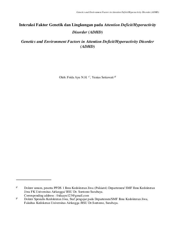 (PDF) Interaksi Faktor Genetik dan Lingkungan pada Attention Deficit/Hyperactivity Disorder (ADHD)