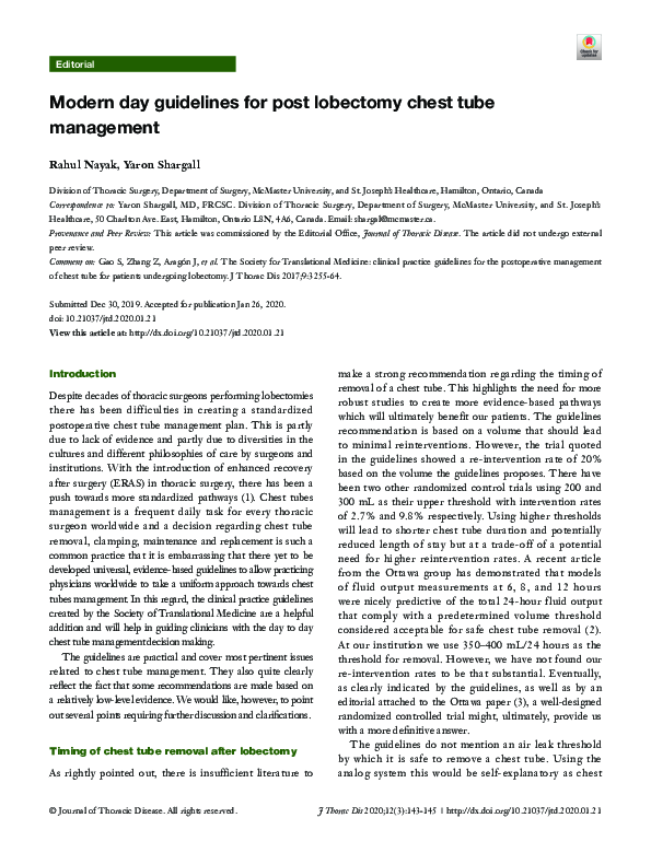(PDF) Modern day guidelines for post lobectomy chest tube management