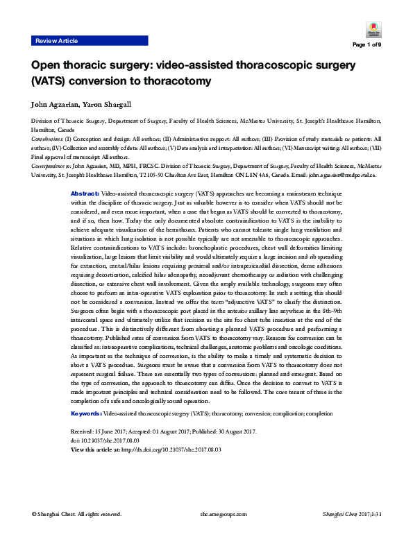(PDF) Open thoracic surgery: video-assisted thoracoscopic surgery (VATS) conversion to thoracotomy
