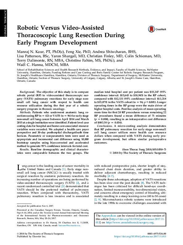 (PDF) Robotic Versus Video-Assisted Thoracoscopic Lung Resection During Early Program Development