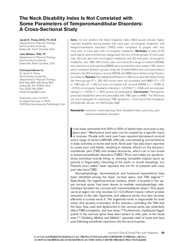 (PDF) The Neck Disability Index is Not Correlated with Some Parameters ...