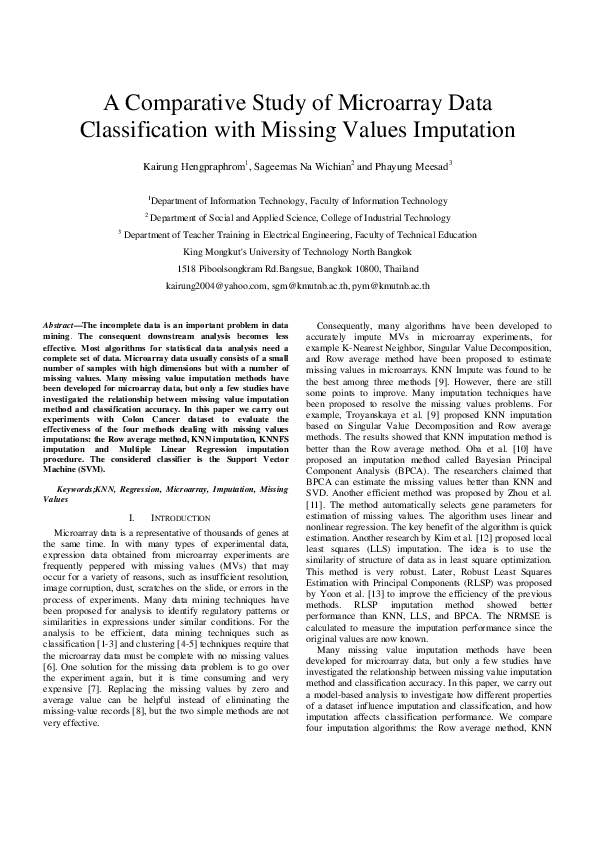 (PDF) A Comparative Study of Microarray Data Classification with Missing Values Imputation