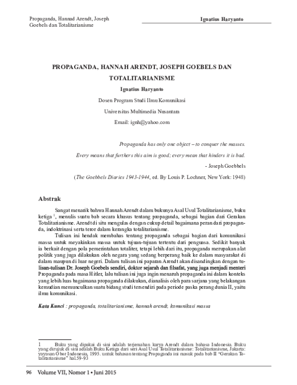 (PDF) Propaganda, Hannah Arendt, Joseph Goebels dan Totalitarianisme