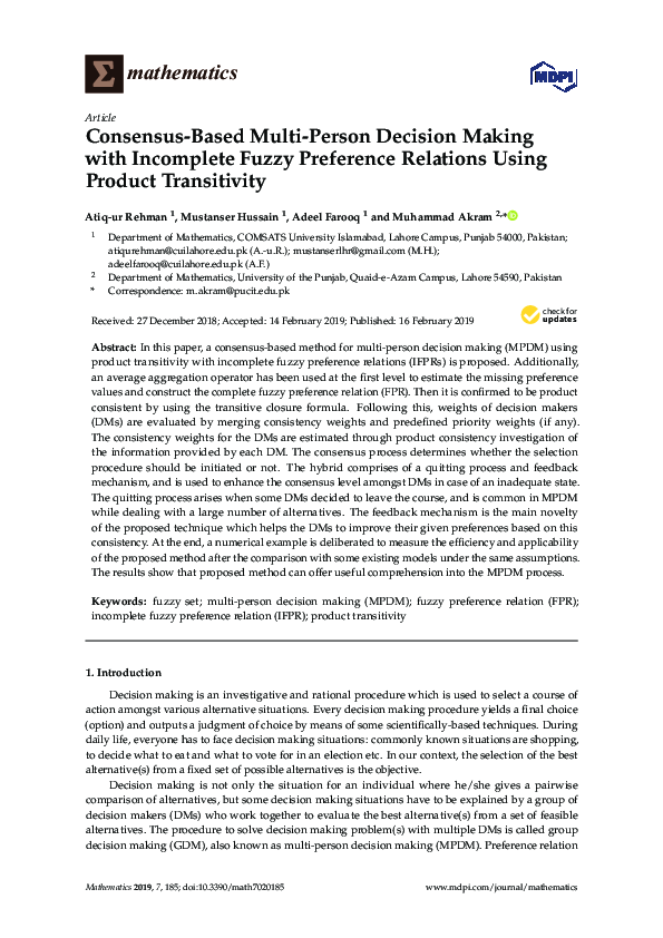(PDF) Consensus-Based Multi-Person Decision Making with Incomplete Fuzzy Preference Relations ...