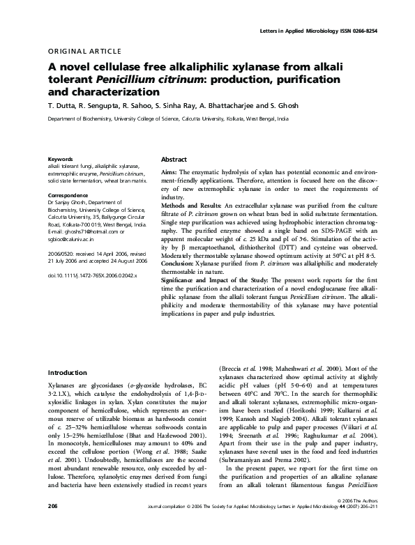 (PDF) A novel cellulase free alkaliphilic xylanase from alkali tolerant Penicillium citrinum ...