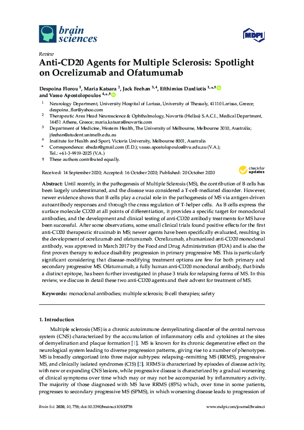 (PDF) Anti-CD20 Agents for Multiple Sclerosis: Spotlight on Ocrelizumab and Ofatumumab