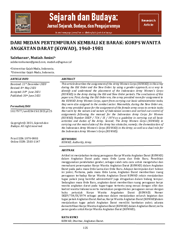 (PDF) Dari Medan Pertempuran Kembali Ke Barak: Korps Wanita Angkatan ...