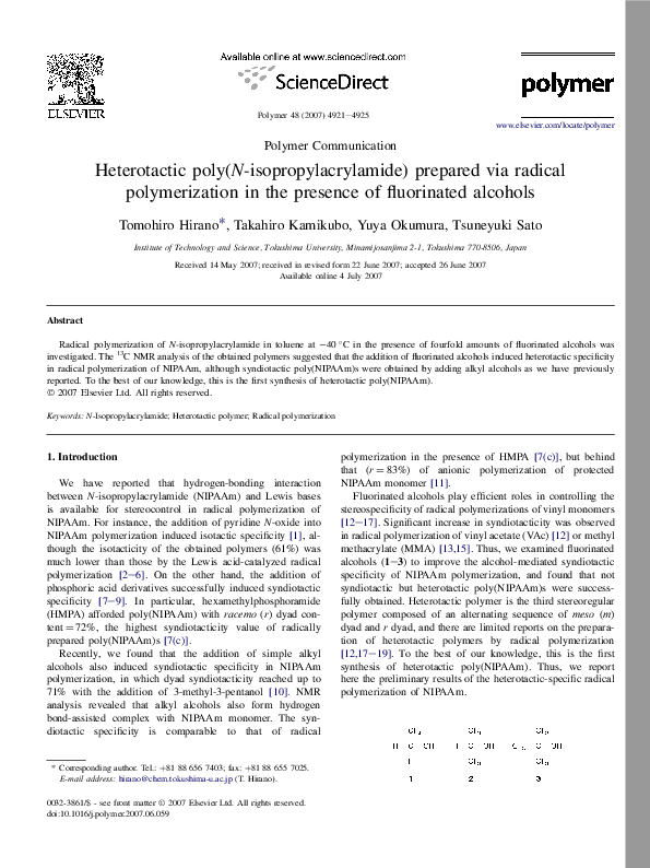 (PDF) Heterotactic poly( N-isopropylacrylamide) prepared via radical ...