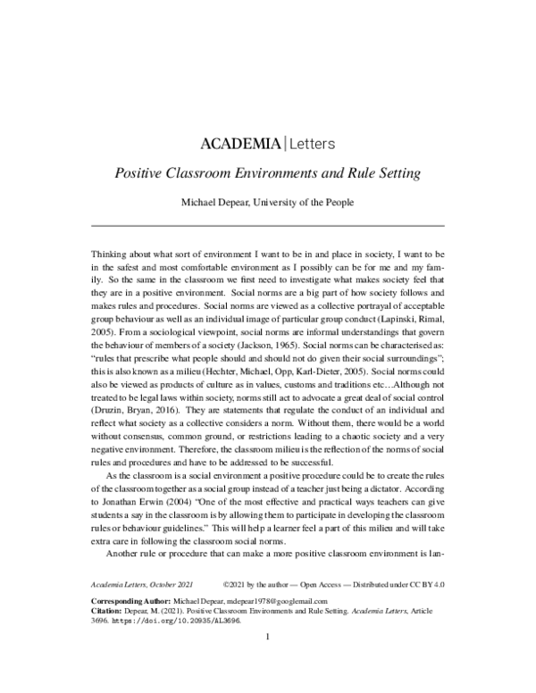 (PDF) Positive Classroom Environments and Rule Setting