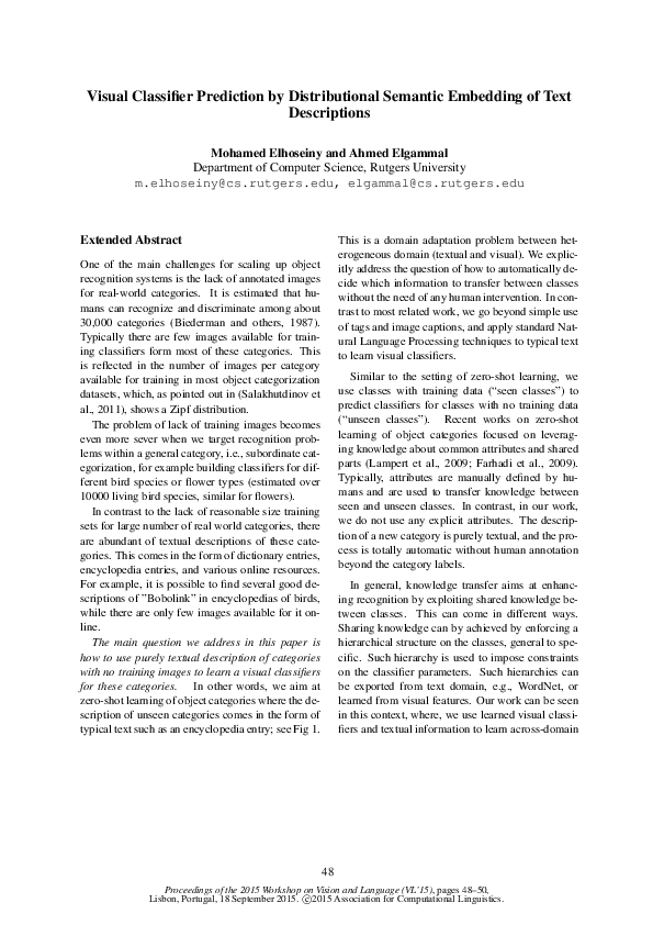 Pdf Visual Classifier Prediction By Distributional Semantic Embedding Of Text Descriptions
