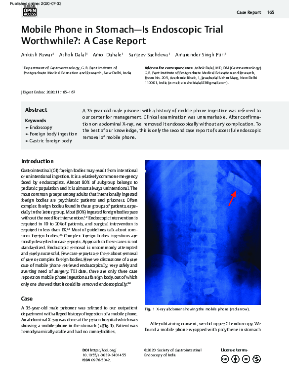 (PDF) Mobile Phone in Stomach—Is Endoscopic Trial Worthwhile?: A Case Report | Amol DAHALE ...