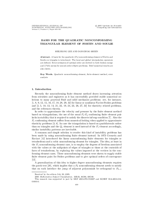 Pdf Basis For The Quadratic Nonconforming Triangular Element Of