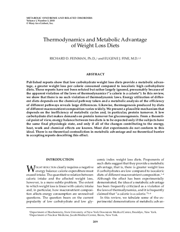 (PDF) Thermodynamics and metabolic advantage of weight loss diets