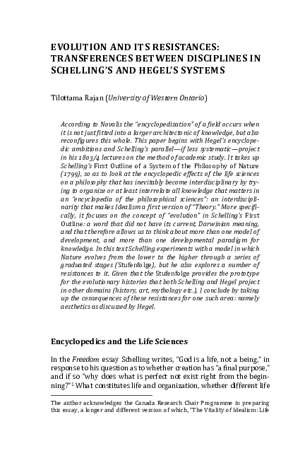 (PDF) Evolution and its Resistances: Transferences between Disciplines in Schelling’s and Hegel ...