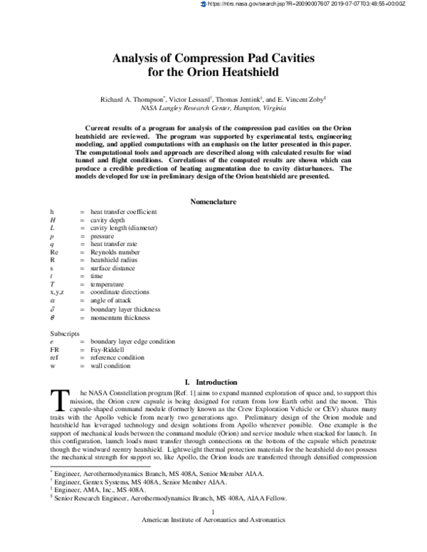 (PDF) Analysis of Compression Pad Cavities for the Orion Heatshield