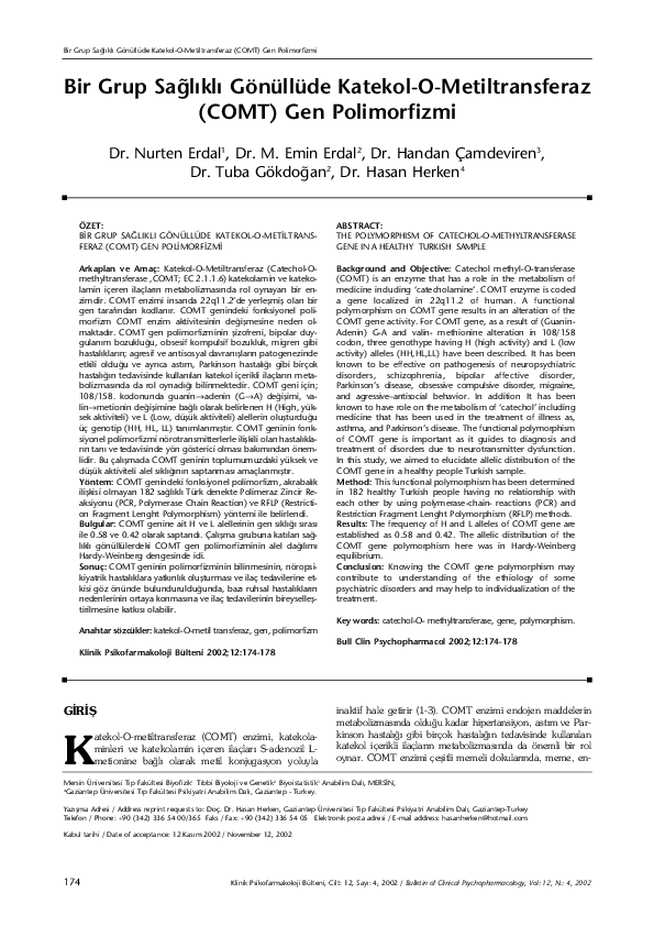 (PDF) Bir Grup Sa¤ l kl Gönüllüde Katekol-O-Metiltransferaz (COMT) Gen ...