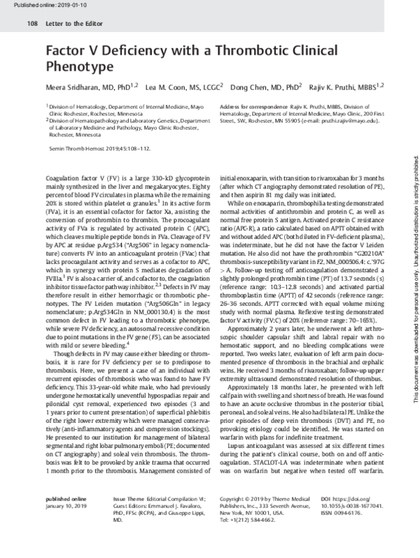 (PDF) Factor V Deficiency with a Thrombotic Clinical Phenotype