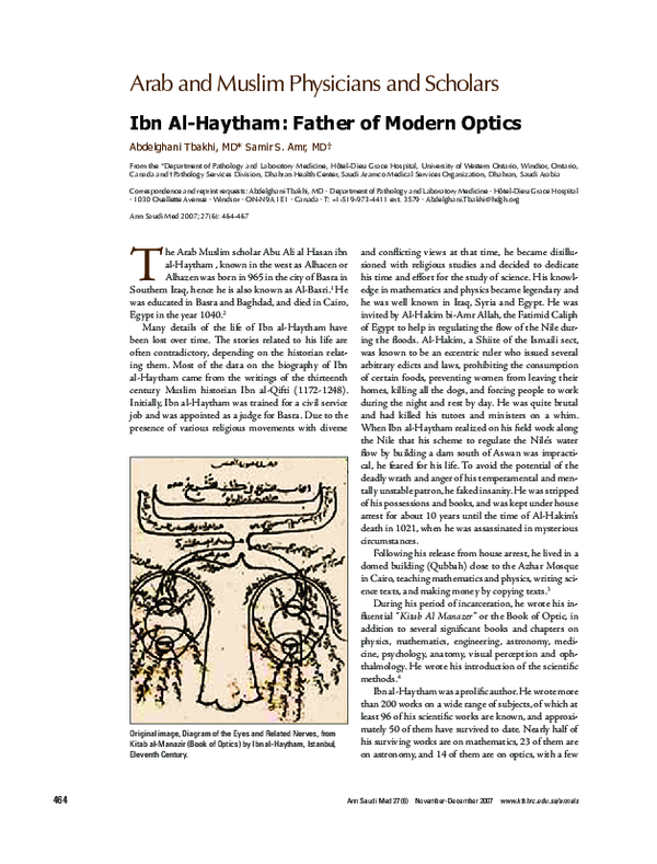 (PDF) Ibn Al-Haytham : Father of modern optics