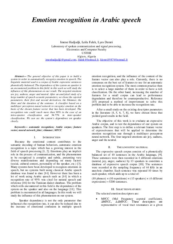 (PDF) Emotion recognition in Arabic speech