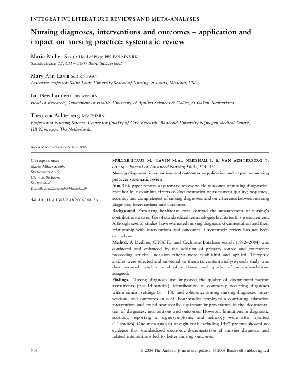 (PDF) Nursing diagnoses, interventions and outcomes - application and ...