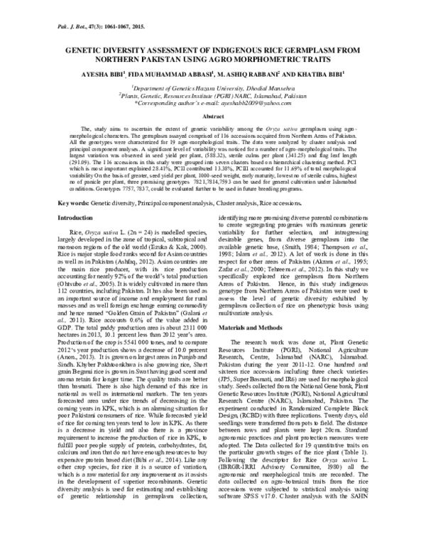 (PDF) Genetic Diversity Assessment of Indigenous Rice Germplasm from Northern Pakistan Using ...