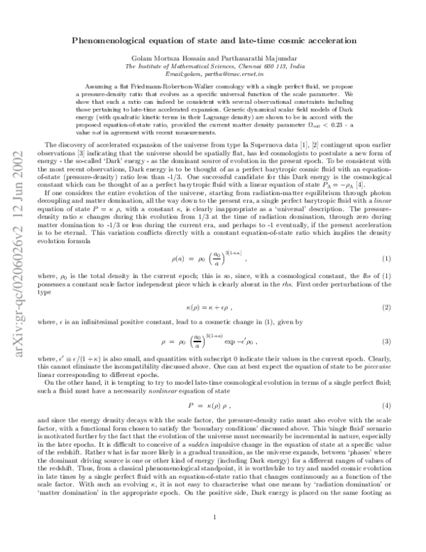 (PDF) Phenomenological equation of state and late-time cosmic acceleration