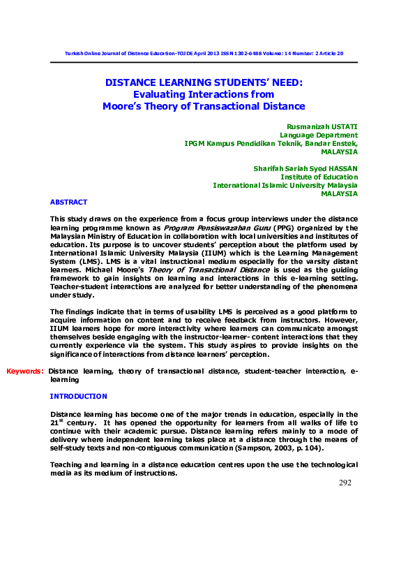 (PDF) Distance learning students’ need: evaluating interactions from Moore’s Theory of ...