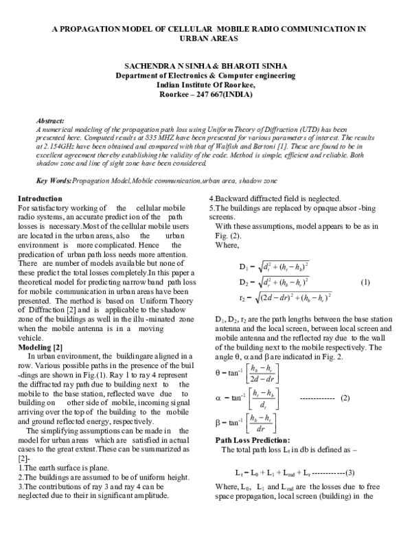 Pdf A Propagation Model Of Cellular Mobile Radio Communication In Urban Areas