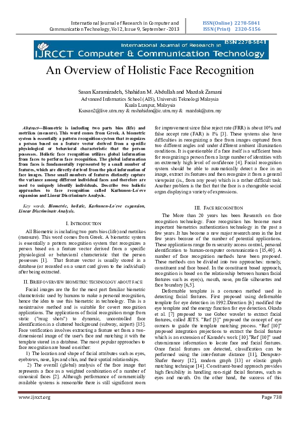 Pdf An Overview Of Holistic Face Recognition