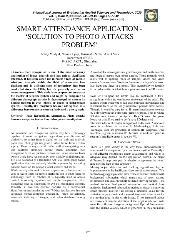 (PDF) Smart Attendance Application -‘Solution to Photo Attacks Problem’