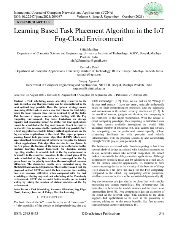 Pdf Learning Based Task Placement Algorithm In The Iot Fog Cloud Environment