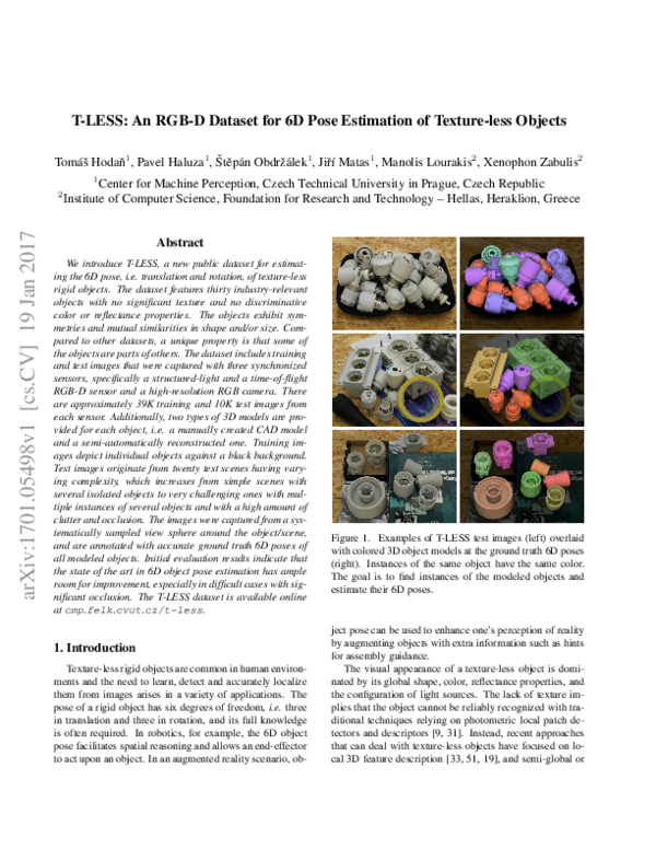 Pdf T Less An Rgb D Dataset For 6d Pose Estimation Of Texture Less Objects