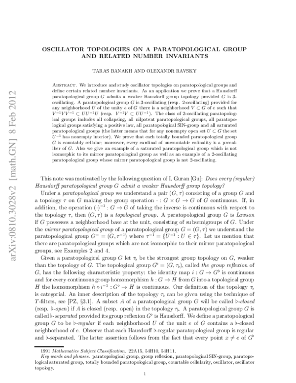 (PDF) Oscillator topologies on a paratopological group and related number invariants