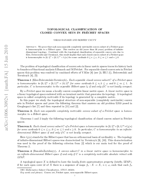 (PDF) Topological classification of closed convex sets in Fréchet spaces