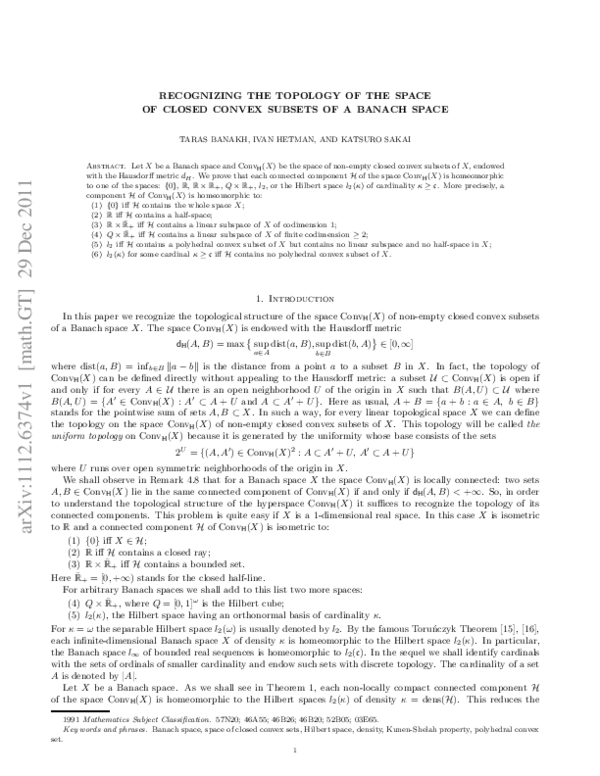 Pdf Recognizing The Topology Of The Space Of Closed Convex Subsets Of