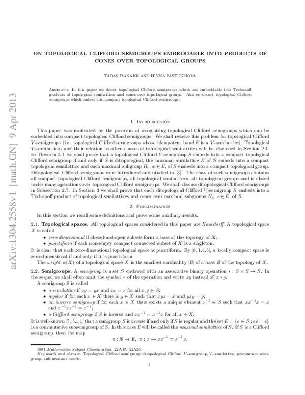 (PDF) On topological Clifford semigroups embeddable into products of cones over topological groups