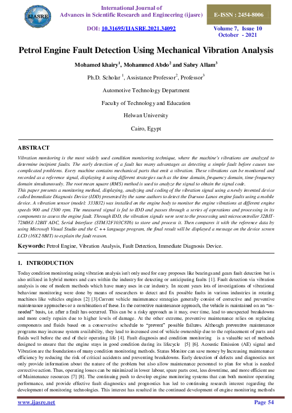 (PDF) Petrol Engine Fault Detection Using Mechanical Vibration Analysis