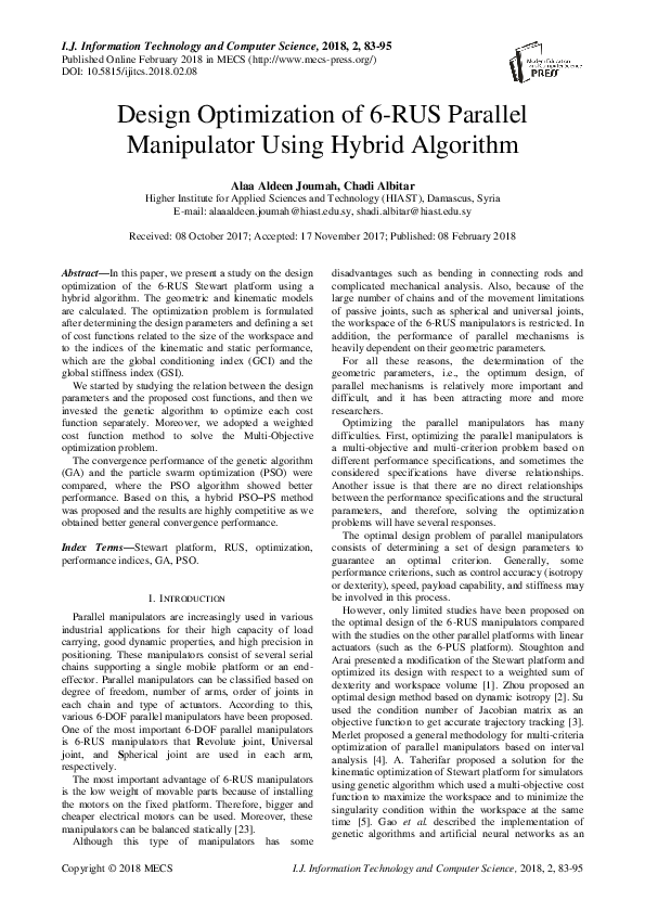 (PDF) Design Optimization of 6-RUS Parallel Manipulator Using Hybrid Algorithm