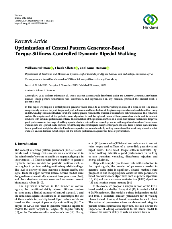 Pdf Optimization Of Central Pattern Generator Based Torque Stiffness Controlled Dynamic