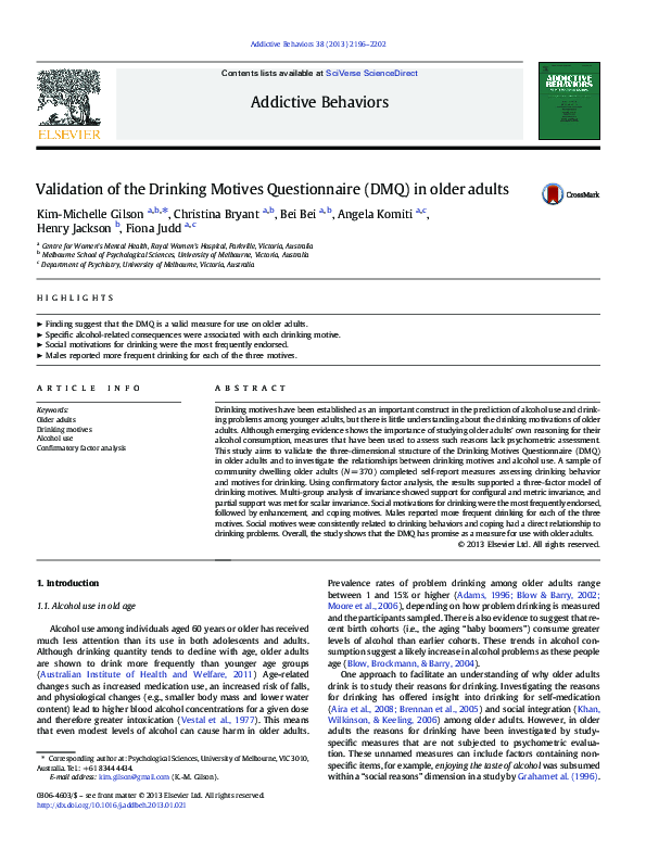 (PDF) Validation of the Drinking Motives Questionnaire (DMQ) in older ...