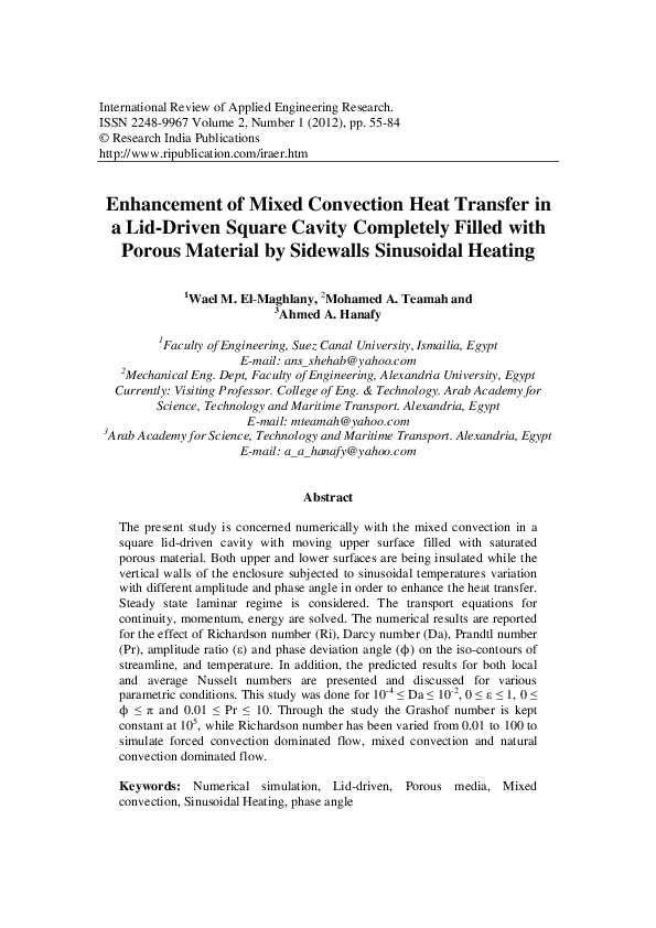 (PDF) Enhancement of Mixed Convection Heat Transfer in a Lid-Driven Square Cavity Completely ...