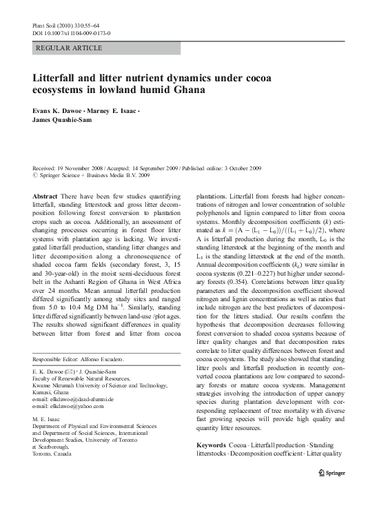(PDF) Litterfall and litter nutrient dynamics under cocoa ecosystems in ...