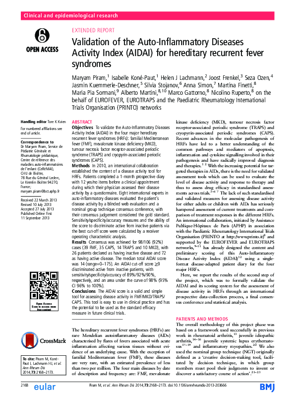(PDF) Validation of the Auto-Inflammatory Diseases Activity Index (AIDAI) for hereditary ...