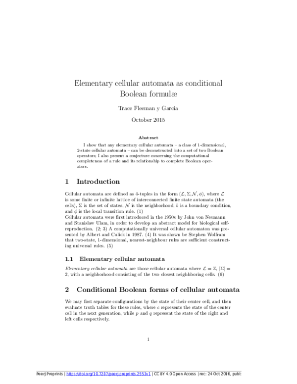 (PDF) Elementary cellular automata as conditional Boolean formulæ