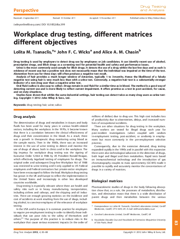 (PDF) Workplace drug testing, different matrices different objectives