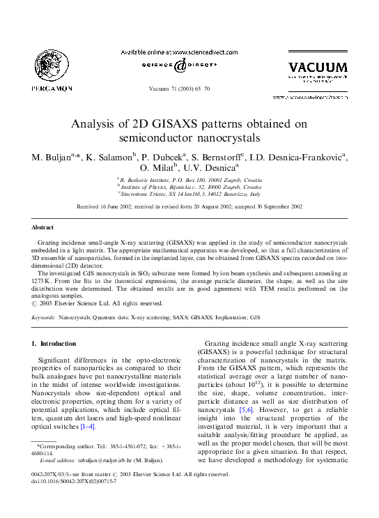 (PDF) Analysis of 2D GISAXS patterns obtained on semiconductor nanocrystals