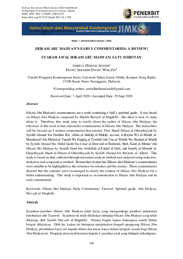 (PDF) HIKAM ABU MADYAN'S EARLY COMMENTARIES: A REVIEW] SYARAH AWAL ...