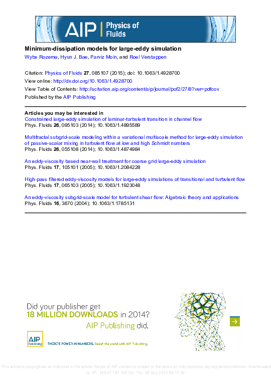 Pdf Minimum Dissipation Models For Large Eddy Simulation